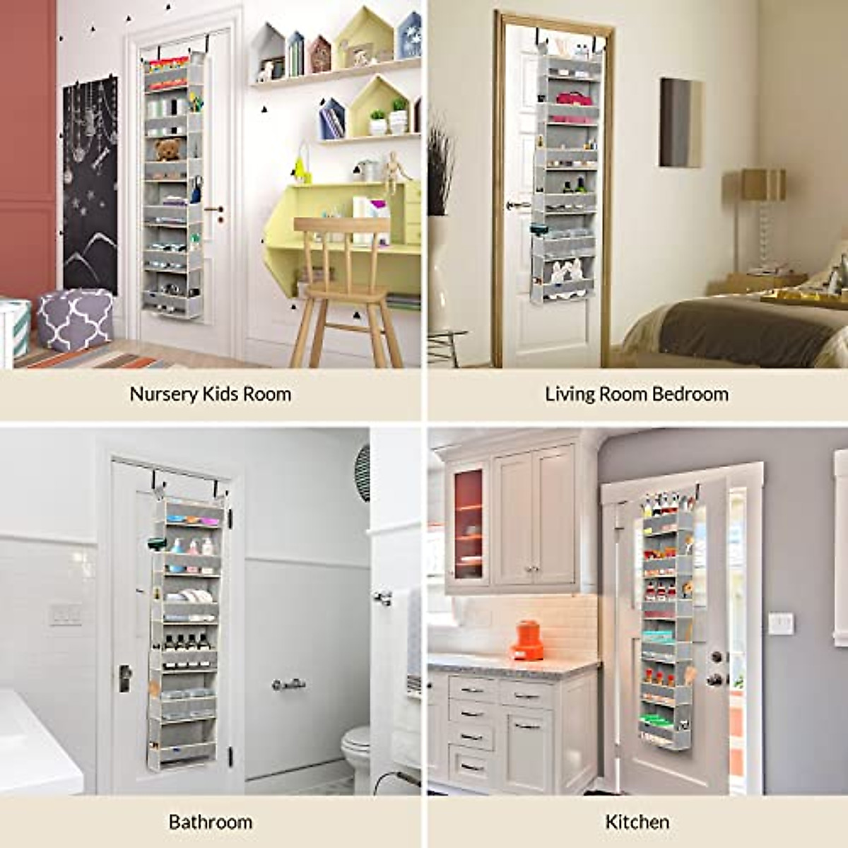 roomtalk Over The Door Hanging Organizer 6-Shelves for Baby Nursery and Bathroom, Door Organizer Hanging with 2 Large Metal Hooks and 12 Pockets for Children Bedroom, Over The Door Storage, Grey