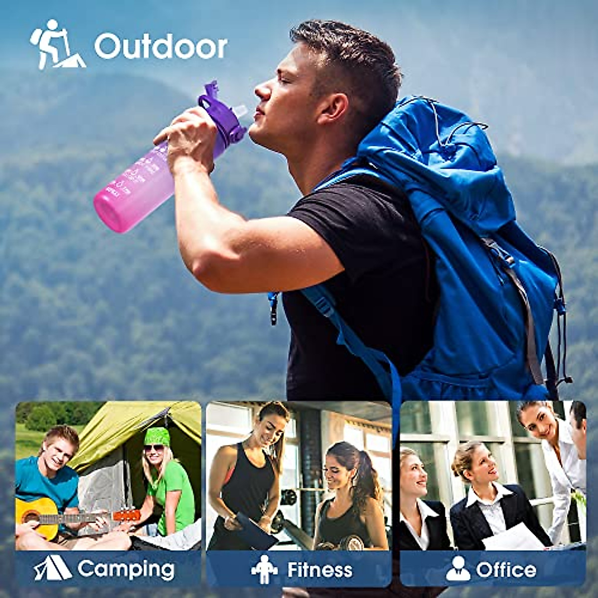 Kymbax 32oz Water Bottle with Time Marker and Straw, Motivational Water Bottle with Handle, Leakproof BPA FREE Tritan Water Jug for School, Gym, Outdoor, Fitness (Ombre Purple Red, 32oz)