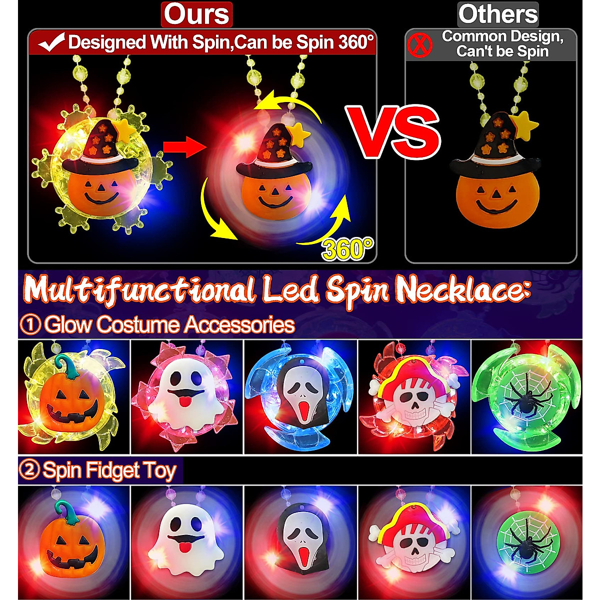AMENON 60 Pcs Halloween Party Favors for Kids, 10 Styles Rotating Light Up Necklaces & 50 LED Flash Rings Halloween Toys Gifts Ghost Glow in The Dark Party Supplies Halloween Treat Goodie Bag Fillers