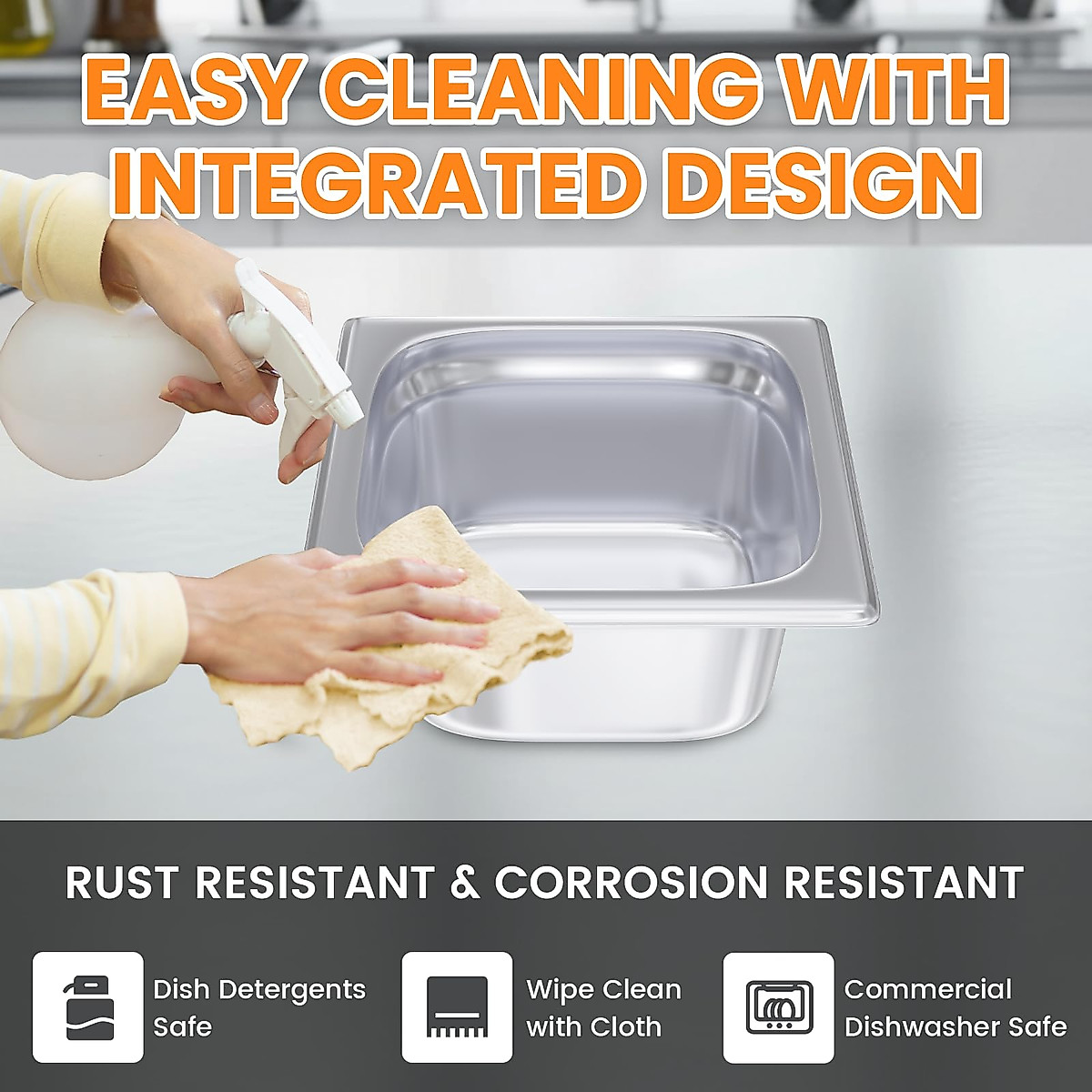 Aplancee Steam Pan 1/6 Size x 4 Inch Deep 6 Pack Stainless Steel Anti-Jamming Food Cooking Pan