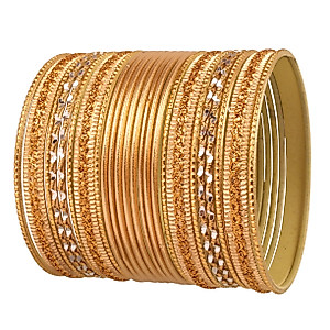 Touchstone "Colorful 2 Dozen Bangle Collection" Indian Bollywood Alloy Metal Textured Golden Designer Jewelry Special Large Size Bangle Bracelets. Set Of 24. In Antique Gold Tone For Women.