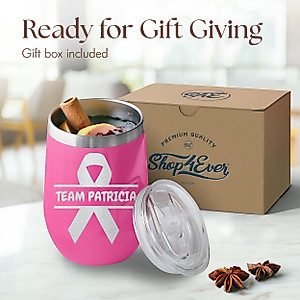 Personalized Custom Breast Cancer Ribbon Your Name Engraved Insulated Stainless Steel Wine Tumbler with Lid 12 oz. Gift for Her (Pink)