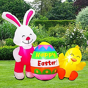 ECOOSTAR 4.5FT Long Easter Decorations Inflatables Bunny & Chicken with Eggs, Blow UpYard Build-in LED Lights, Decor for Outdoor Indoor, Yard, Garden, Lawn, White (RH-120-0600U4-1)
