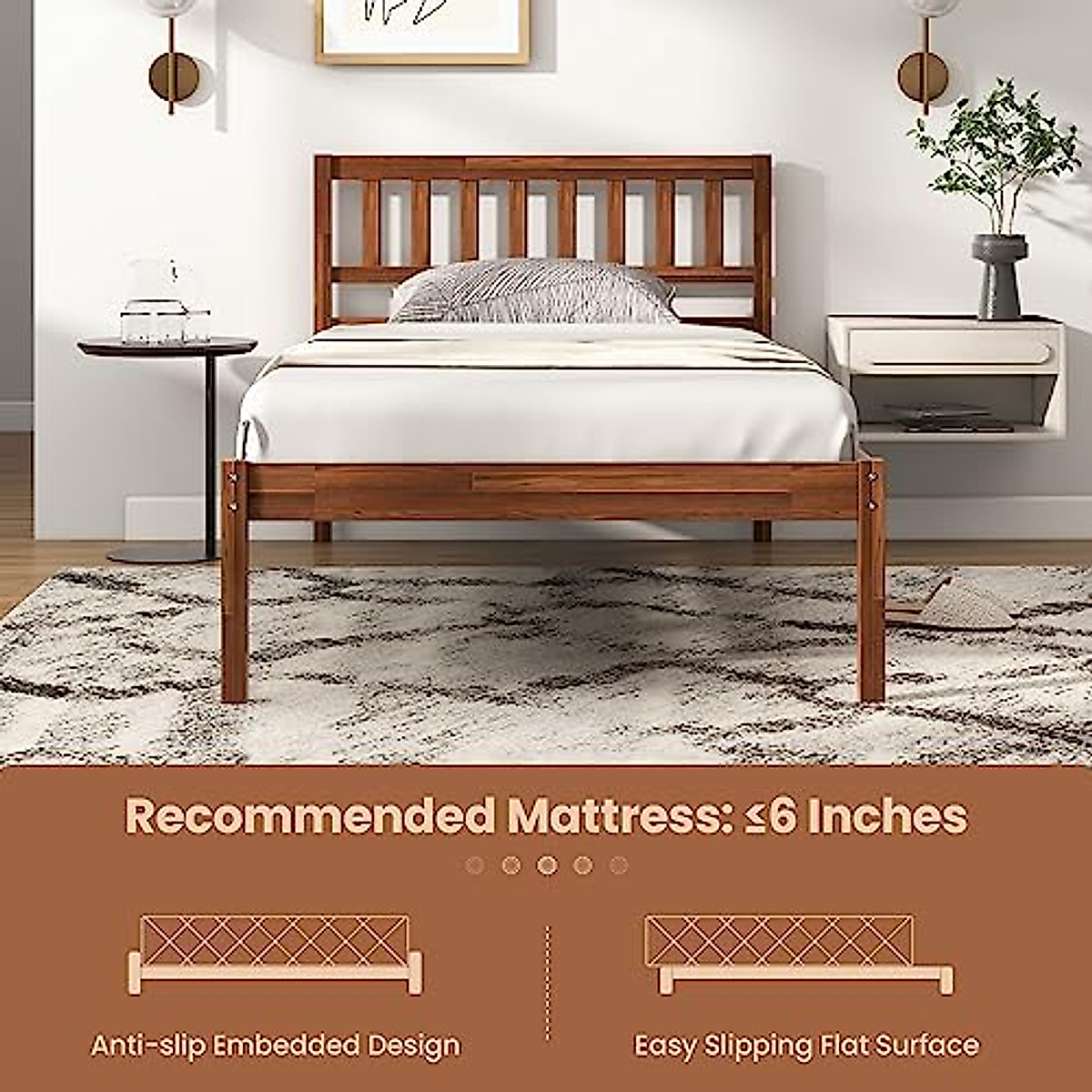 Giantex Wood Twin Bed Frame with Headboard, Mid Century Platform Bed with Wood Slat Support, Solid Wood Foundation, 12 Inch Height for Under Bed Storage, Easy Assemble, Walnut