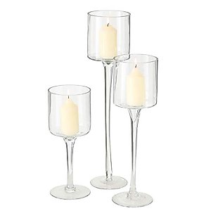 WHW Whole House Worlds Oversized Hamptons Long Stem Goblet Candle Holders, Set of 3, Centerpiece, Crystal Clear Glass, 19.75, 15.75, 11.75 Tall, 4.75 Diameter Cup for Tea Lights or Vo