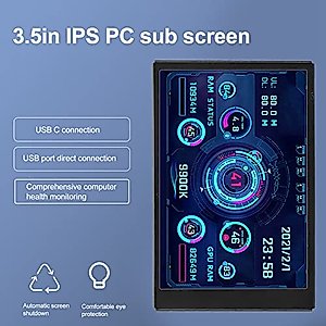 DAUERHAFT Computer Temp Monitor, PC Temperature Display 3.5in USB Type C Interface IPS Full View Display 320x480 for Office(Black)