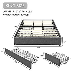 Alohappy Upholstered King Size Platform Bed Frame with 3 Storage Drawers, Mattress Foundation with Wooden Slats Support, Double-Row Support Bars, No Box Spring Needed, Dark Grey