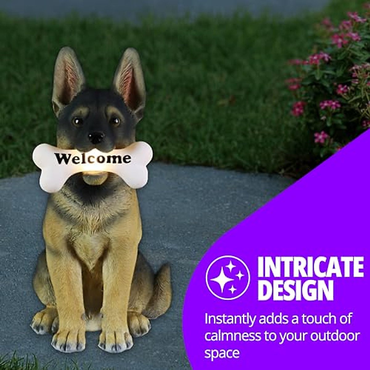 Exhart Garden Sculpture, Solar German Shepherd Dog Statue, LED Welcome Sign Bone, Outdoor Garden Decoration, 11.5 x 14.5 Inch