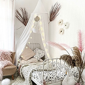 LOAOL Kids Bed Canopy with Pom Pom Cotton Canopy for Crib Baby Girl Netting Cover Canopy Crib Curtain Reading Nook Hanging Tent Nursery Play Game Castle House Decoration (White Pompom)