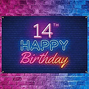 Glow Neon Happy 14th Birthday Backdrop Banner Decor Black – Colorful Glowing 14 Years Old Birthday Party Theme Decorations for Boys Girls Supplies