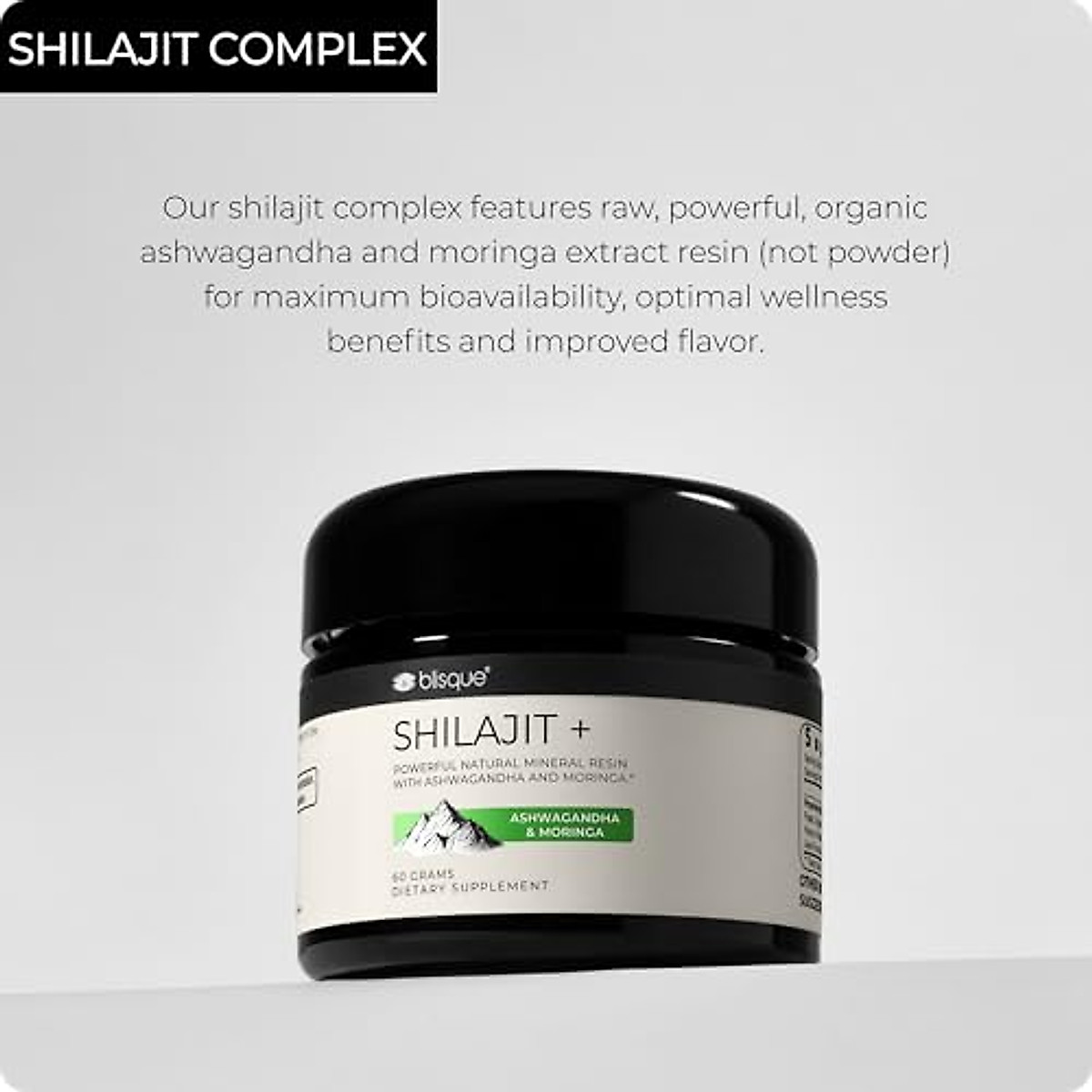 Blisque - Pure Himalayan Organic Shilajit Resin Supplement | with Organic Ashwagandha and Moringa | Authentic and Natural | Golden Grade A | Contains Fulvic Acid and Trace Minerals | 60 Grams