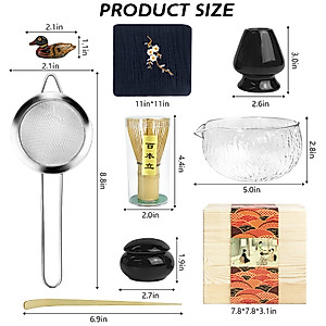 Artcome Japanese Matcha Tea Set, Glass Matcha Bowl with Pouring Spout, Bamboo Whisk, Ceramic Whisk Holder, Wooden Case, Handmade Matcha Ceremony Kit For Japanese Tea Ceremony (Black)