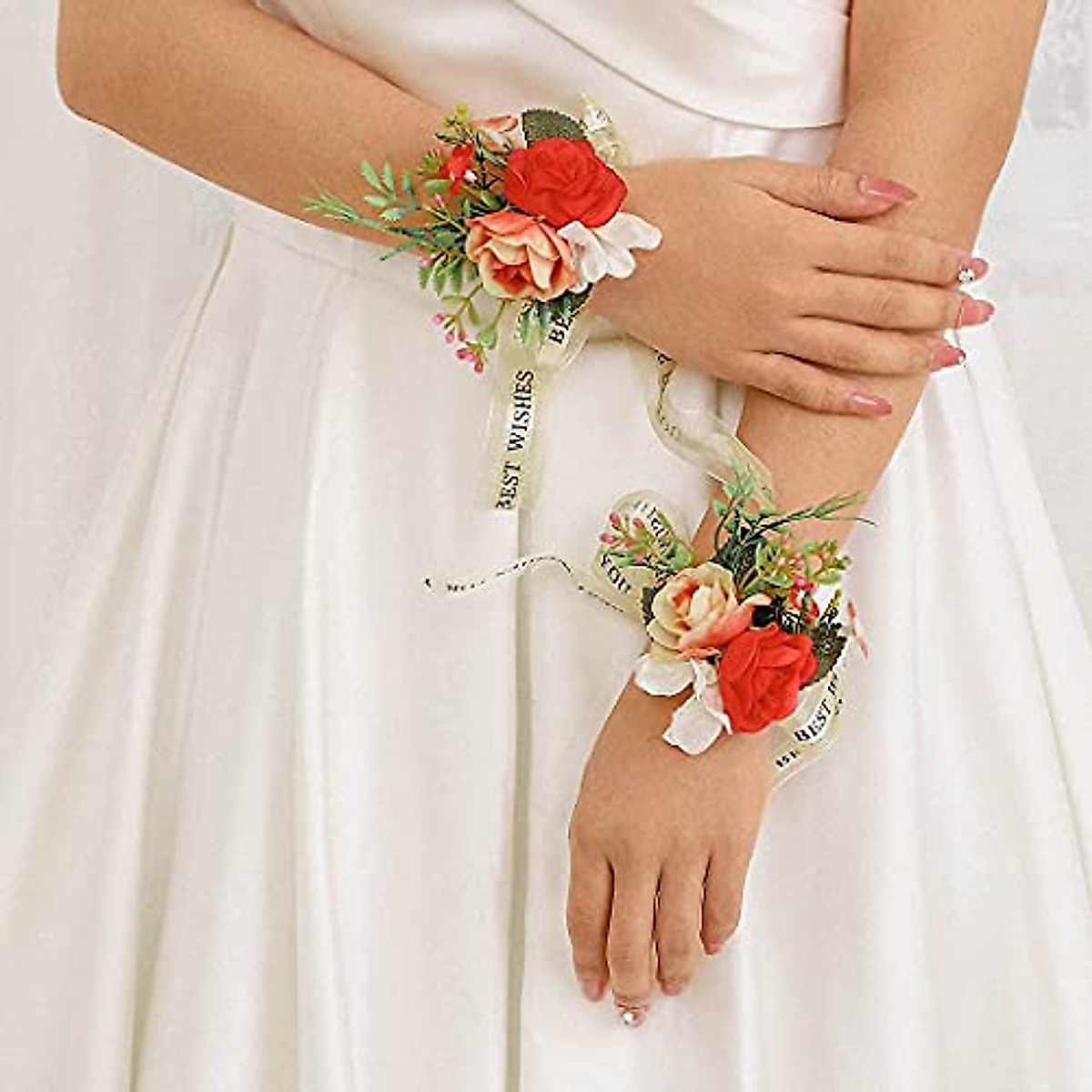 Campsis Wedding Bridal Handmade Wrist Flower Corsage Red Leave Ribbon Hand Flower Bride Bridesmaid Wristlet for Prom Party Beach Photography 2PCS