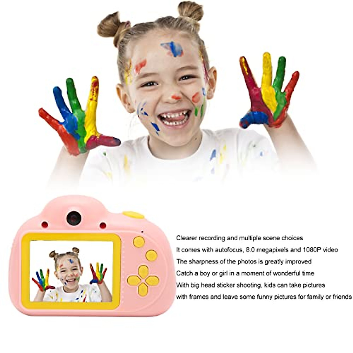 Kids Selfie Camera, 8MP 1080P 2.4in Screen 32G Micro Storage Card 1020mAh Large Battery Digital Toy Camera, Auto Power Off Drops Shockproof Autofocus for 3-12 Year Old Kid(Pink)