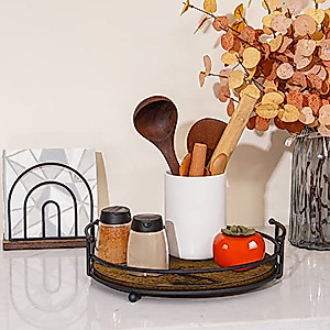 Honiter Wooden Serving Tray, Decorative Tray for for Coffee Table Centerpieces, Coffee Table Tray, Wood and Metal Serving Tray with Handles, Round Tray, Farmhouse Ottoman Tray for Kitchen Countertop