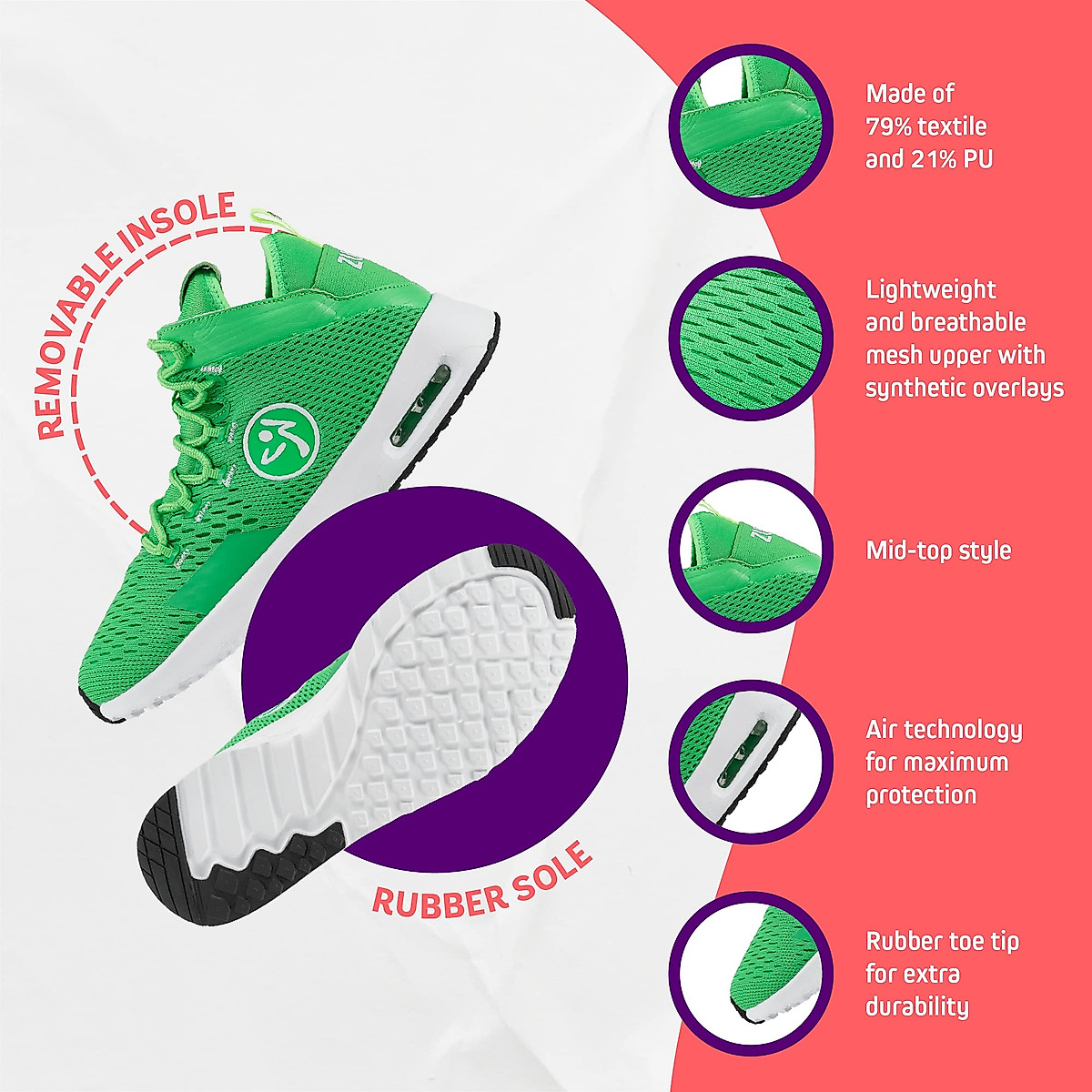 ZUMBA Women's Air Funk Sneakers, Nonslip Mid-Top Dance Sneakers, 9.5, Green