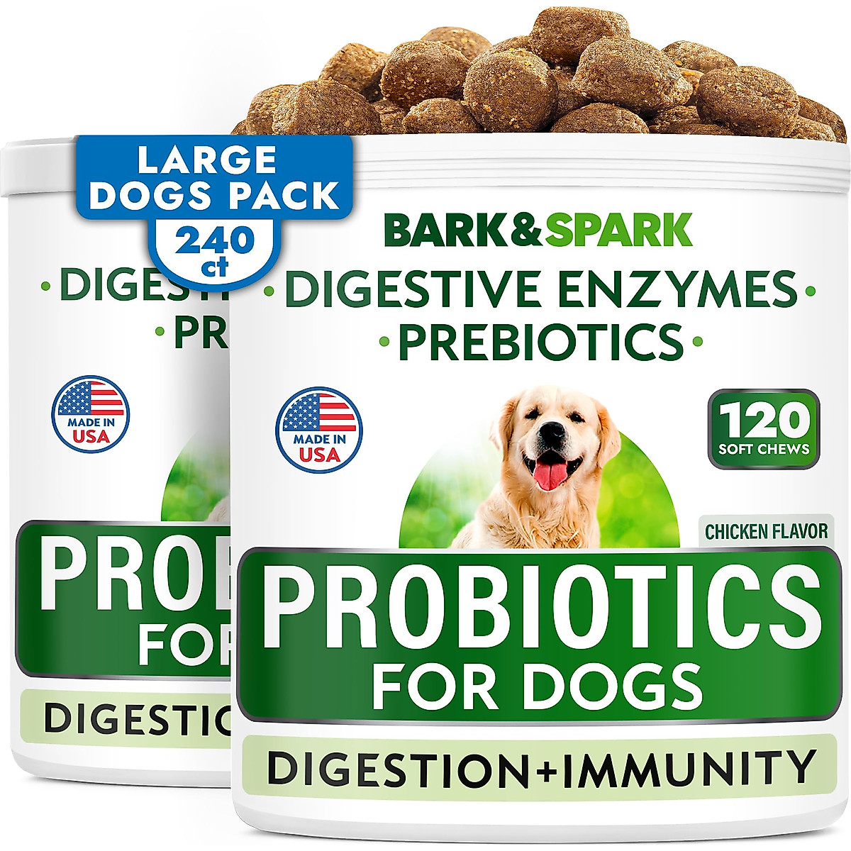 BARK&SPARK Dog Probiotics & Digestive Enzymes (Gut Health) Allergy & Itchy Skin - Pet Diarrhea Gas Treatment Upset Stomach Relief, Digestion Health Prebiotic Supplement Large Dog Treats (240Ct Bacon)
