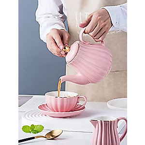 Jusalpha Fine China Pink Coffee Cup/Teacup Set, 7 OZ Cups& Saucer Service for 4, with Teapot-Sugar Bowl-Cream Pitcher Teaspoons and tea strainer for Tea/Coffee, 17-Pieces (TW Full set)
