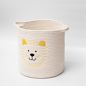 NADEnVIE Animal Laundry Basket For Nursery, Foldable Toy Storage Basket Tiger Design, Natural Handmade Basket With Handle For Home Decor, Nontoxic Cotton Rope Woven Safe for Children and Pet (White)