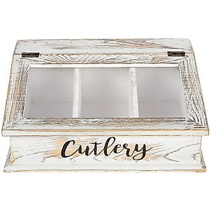 MyGift 3-Compartment Whitewashed Solid Wood Cutlery Tray Box Organizer with Clear Acrylic Hinged Lid & Black Cursive"CUTLERY" Label, Dining Utensil Holder