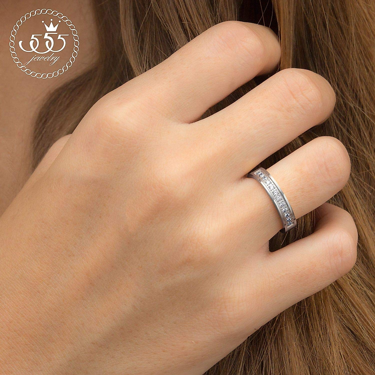 555Jewelry Womens Stainless Steel Real Solid Cubic Zirconia CZ Diamond Sparkle Shiny Engagement Wedding Promise Fashion Band Classic Jewelry Band Ring, Silver Size 6