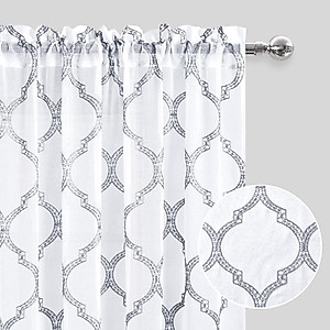 DWCN Embroidered Sheer Curtains - Faux Linen Moroccan Trellis Semi Voile Drapes Rod Pocket Window Curtains for Bedroom and Living Room, Set of 2 52 x 45 Inch Length, White & Grey
