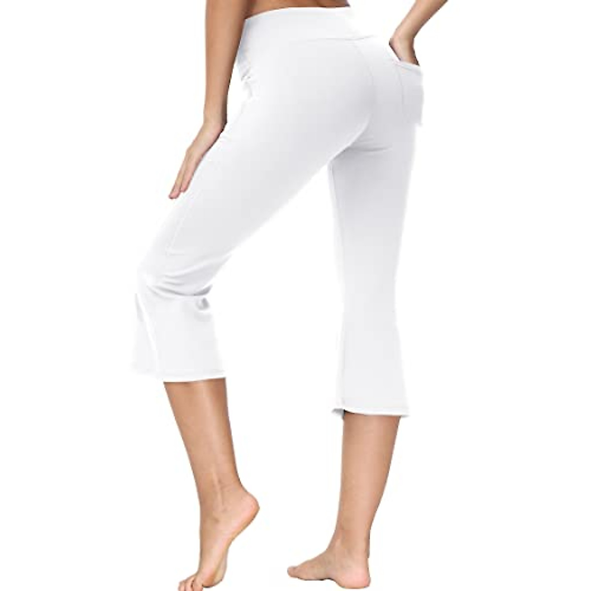 Cakulo Women's Plus Size Capris Pants Yoga Flare High Waist Bootcut Stretch Jean Casual Palazzo Cream Bottoms Knee Flared Leggings with Pockets White XL