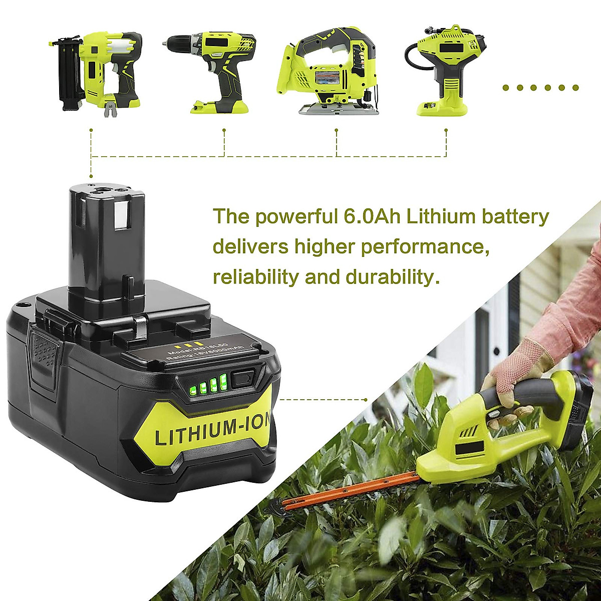 LabTEC RB18L50 18V 6000mAh Lithium Battery Compatible with Ryobi 18V BPL-1815 BPL-1820G BPL1820 BPL18151 P102 P103 P104 P105 P107 P109 P122 Cordless Power Tools with LED Indicator