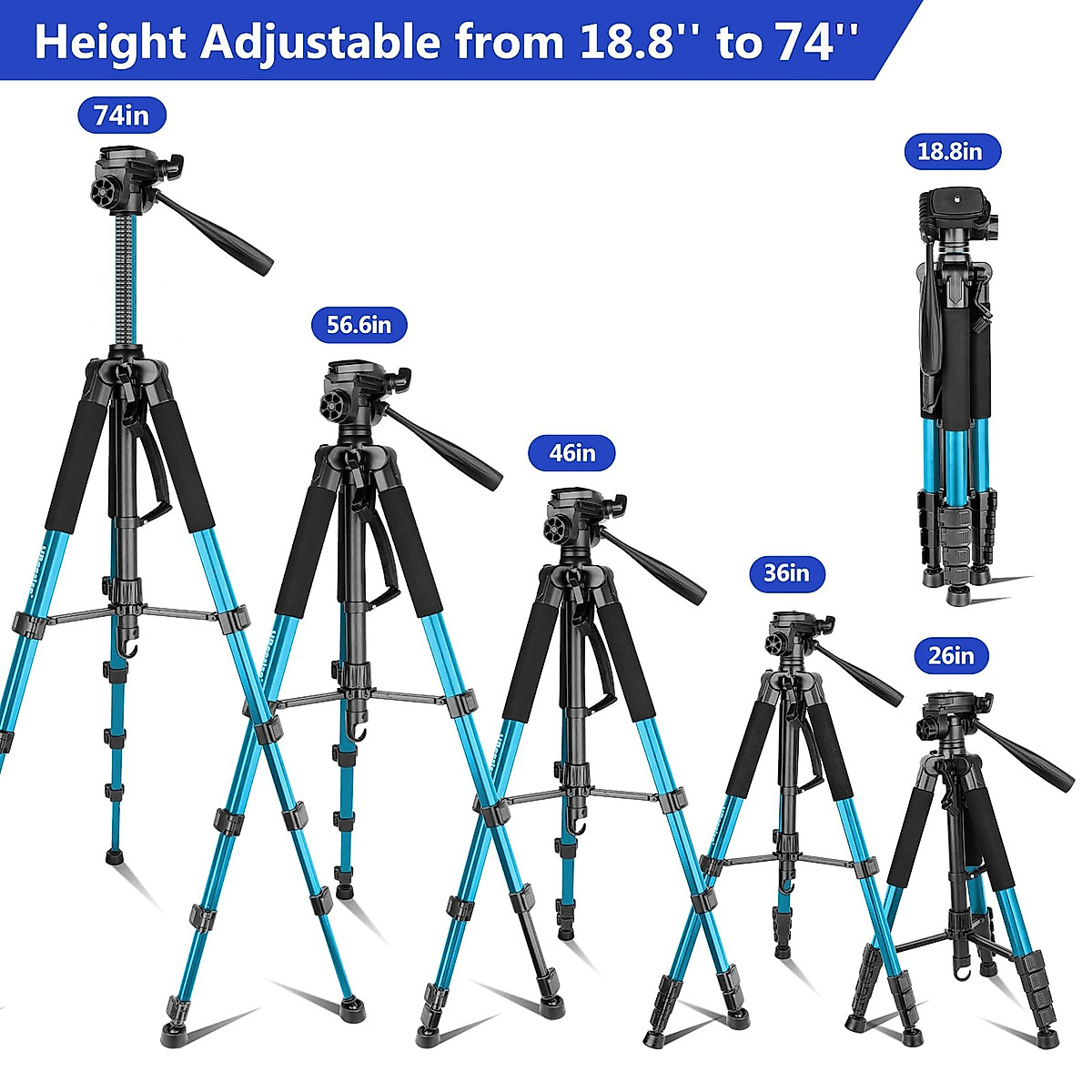 Aureday 74’’ Camera Tripod with Travel Bag,Cell Phone Tripod with Wireless Remote and Phone Holder, Compatible with DSLR Cameras,Cell Phones,Projector,Webcam,Spotting Scopes(Blue)
