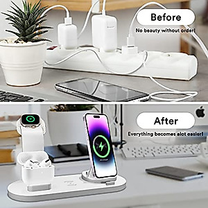 4-in-1 Fast 15W Apple Charging Station for Multiple Devices - Wireless Charging + Plug for iPhone 14/13/12/11/x/8 + Airpods Pro 2/Pro/2/1 + Apple Watch Stand SE/7/6.+ Samsung/Android Type-C/USB