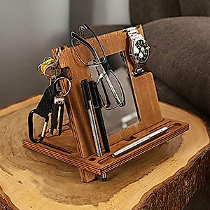 Wood Phone Docking Station for Men - Wooden Watch Wallet Stand - Father's Day Gifts for Husband - Mens Nightstand Organizer - Valet Tray Charging Station - Dad Cell phone Desk station