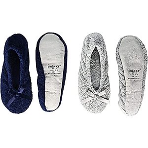 isotoner womens 2 Pack Ballerina Slipper Quilted and Solid Ballet Flat, Light Grey Quilted, Navy Blue Solid, 6.5-7.5 US