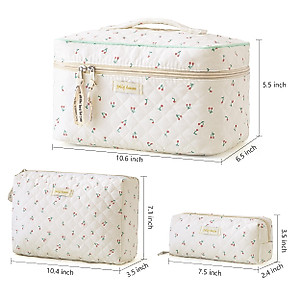 HBselect Quilted Makeup Bag, 3PCS Cotton Large Travel Makeup Bag, Cute Floral Coquette Make up Bag Cosmetic Bag Toiletry Bag for Women Girls