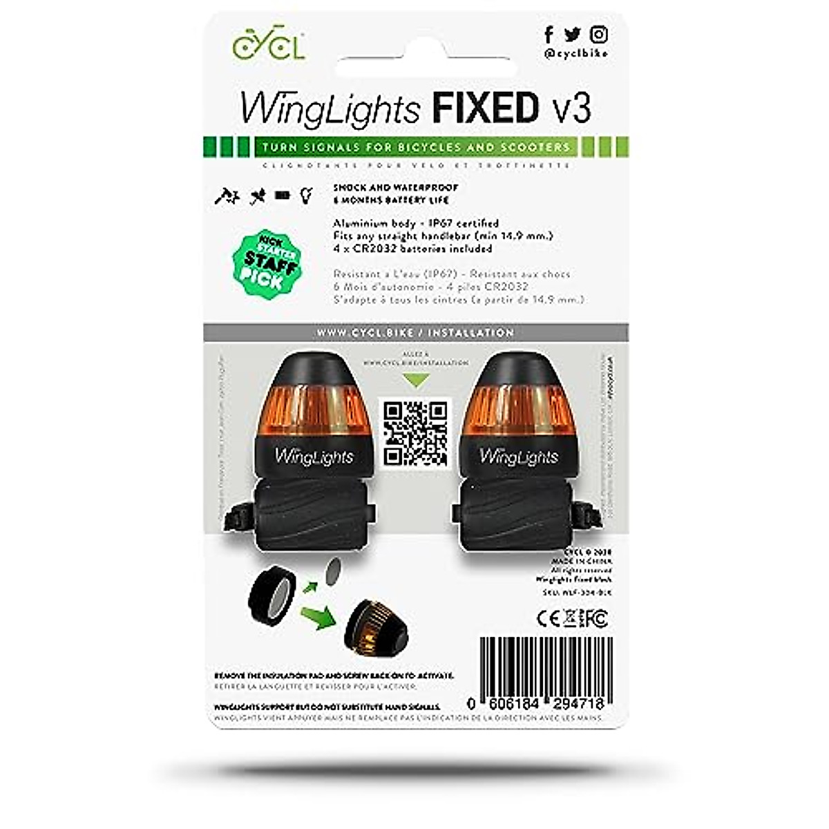 CYCL Wing Lights Fixed V3 - Turning Signals for Bicycle Turn Signals for E-Scooters 11.8x8x3.2cm