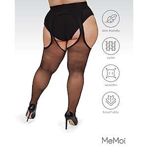 MeMoi Plus Size Curvy Suspender Lace Pantyhose, Control Top Pantyhose for Women, Lightweight Womens Stockings - Black 5X/6X