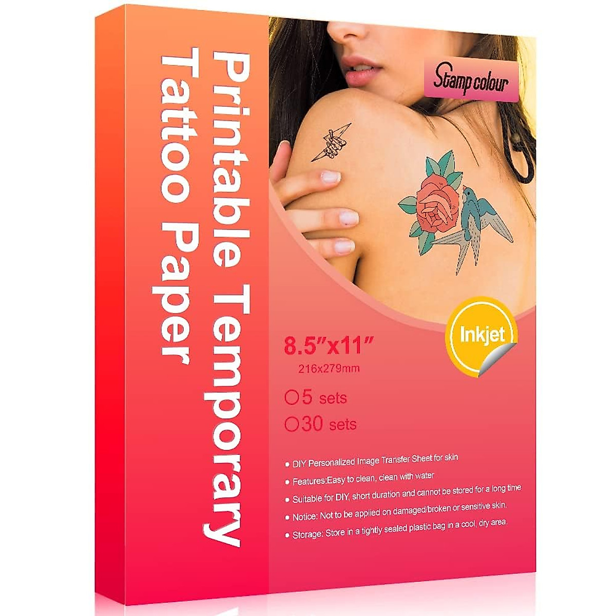 Stampcolour Printable Temporary Tattoo Paper for INKJET Printer, 8.5"X11" 5 Sheets DIY Tattoos Stickers,Personalized Image Transfer for skin Custom Waterslide Decal for Universal Adult Child