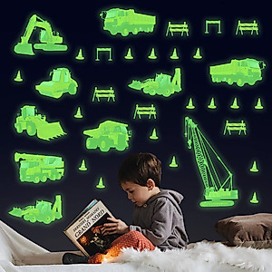 TOARTi Glow in The Dark Construction Wall Stickers, Transport Truck Excavator Tractor Decals,Luminous Vehicle Wall Decal for Kids Boys Room Nursery Decor(4 Sheets, 49 pcs)