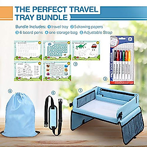 Upgraded Kids Travel Tray with Dry Erase Top Car Seat Travel Tray with 16 Organizer Pockets for Car Stroller Plane With 5 Educational Drawing Blue