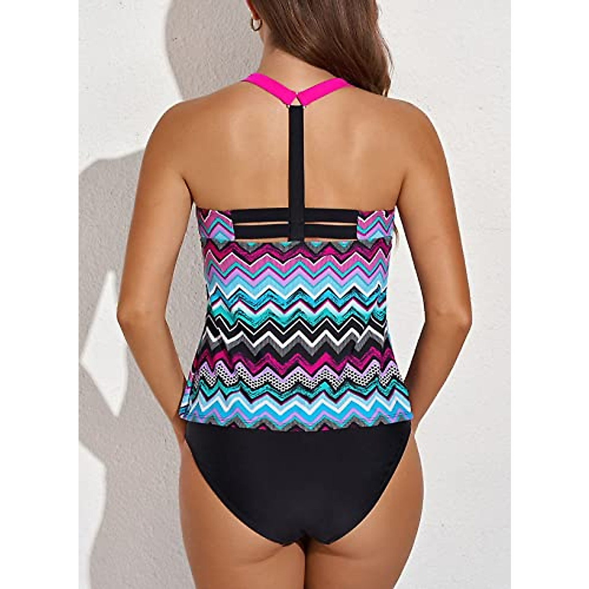 Aleumdr Womens Ladies Striped Zigzag Print Color Block Open Back Bandeau Blouson Push up Tankini Swim Bikini Top No Bottom Swimsuit Bathing Suit Swimwear Purple Plus Size XL 14 16