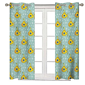 Seafoam and Earth Yellow Farmhouse Curtains 63 Inch Long Yellow Submarine Kids Bedroom Blackout Grommet Top Curtain Panels W72 x H63