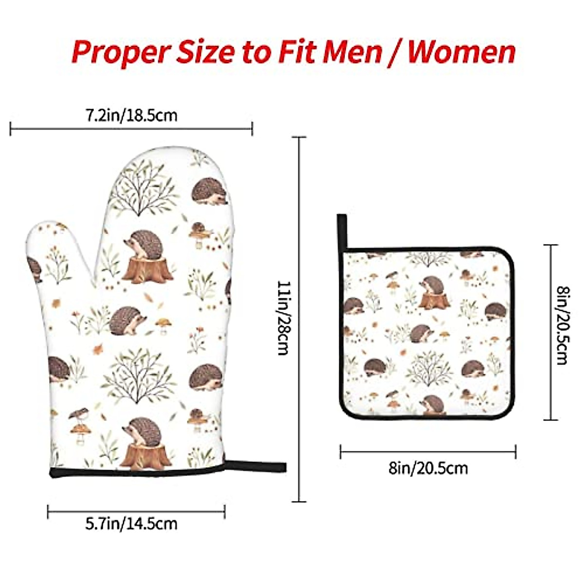 Nature Lovely Hedgehog Lovers Printed Oven Mitts and Pot Holders Set 3pcs,High Heat Resistant for Cooking Baking Grilling