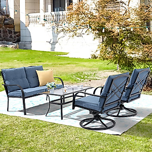 JARDINA 4 Pieces Patio Furniture Set, Metal Outdoor Patio Furniture, All-Weather Patio Conversation Set with Loveseat Sofa, 2 Swivel Chairs, Coffee Table and Cushions for Backyard Deck, Blue