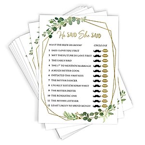 Printed Party Bridal Shower Games – He Said She Said Game with Fun Bride and Groom Trivia, Wedding Shower Activity, Botanical Greenery Theme, 50 Guests