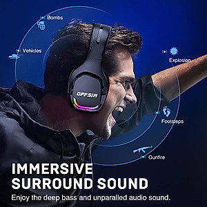 OFFSIR Wireless Gaming Headset with Noise Cancelling Microphone for PC PS5 PS4,Bluetooth Gaming Headset Surround Sound 2.4G USB Gamer Headphones with Mic RGB Lights for PlayStation Mac Computer Laptop