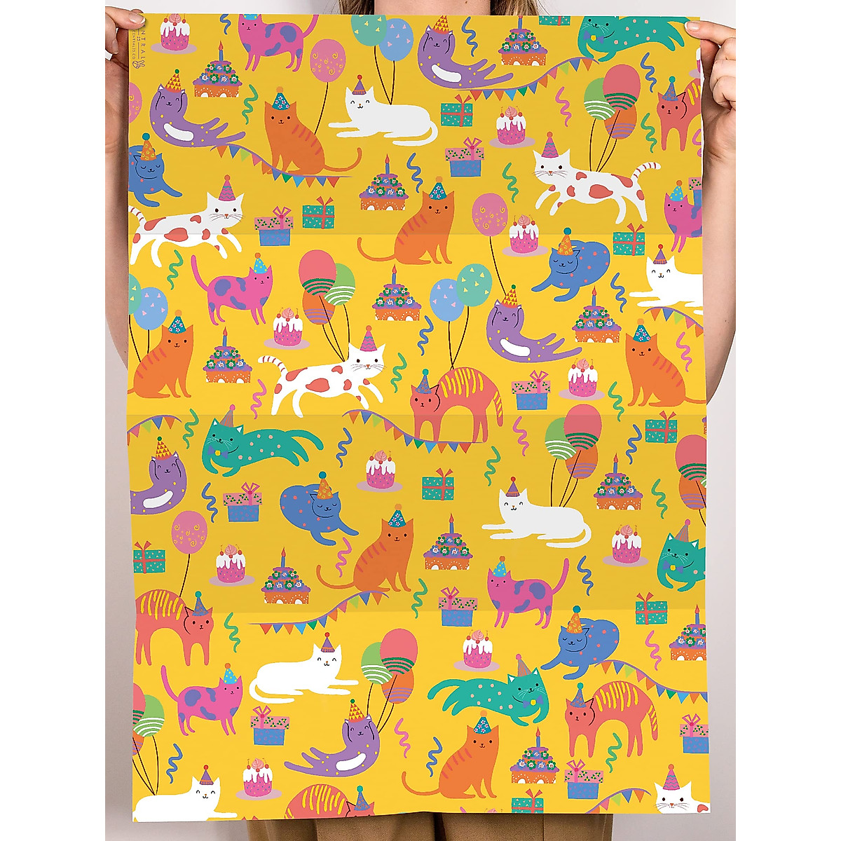 CENTRAL 23 Cat Birthday Wrapping Paper - 6 Sheets Yellow Gift Wrap - Cat Themed Gifts For Girls - Cat Wrapping Paper For Men And Women - Comes With Cute Stickers