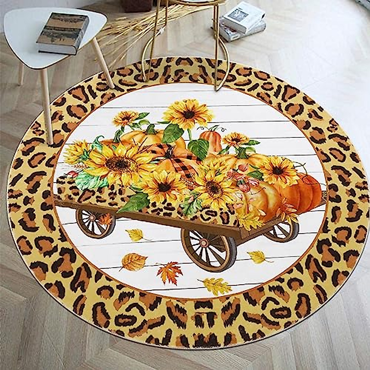 Ileading Round Fall Area Rug Non Slip Shaggy Soft Sunflower Pumpkin Sofa Circle Carpet 4ft Cute Harvest Thanksgiving Decorative Runner Rug Machine Washable Throw Rugs for Bedroom Living Room eggchair