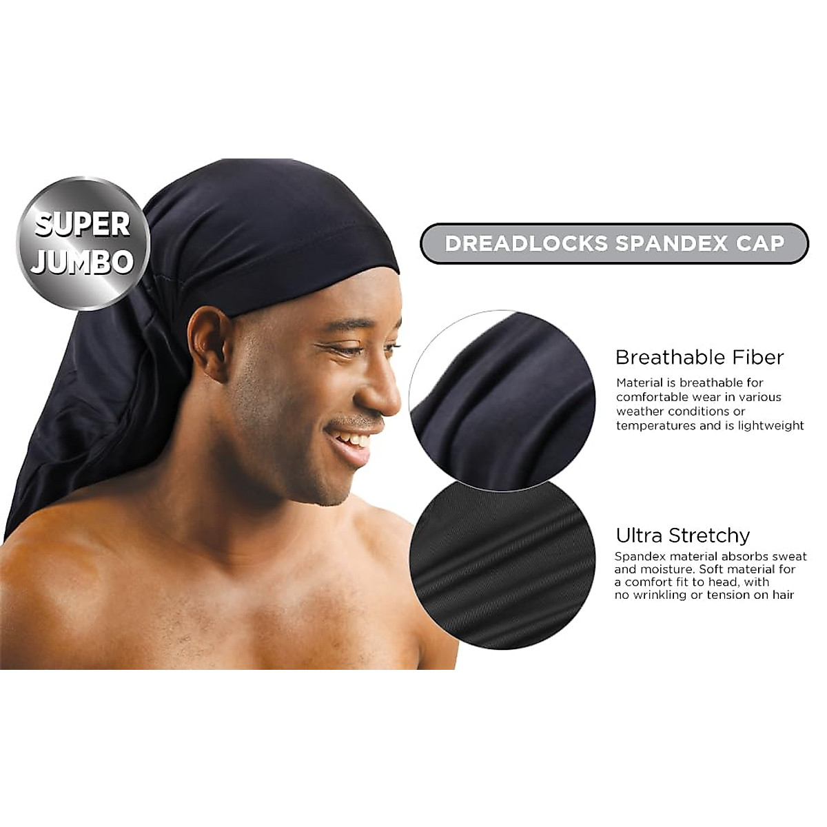 Titan Black Spandex Dreadlock Skull Cap 1PC, Super Jumbo Size