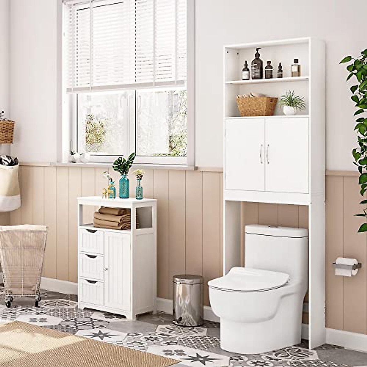 Topeakmart Over The Toilet Storage with 2 Doors & Adjustable Shelf, Free Standing Toilet Rack, Home Space-Saving Furniture with 2 Upper Open Compartments, L25xW8xH77 Inches, White