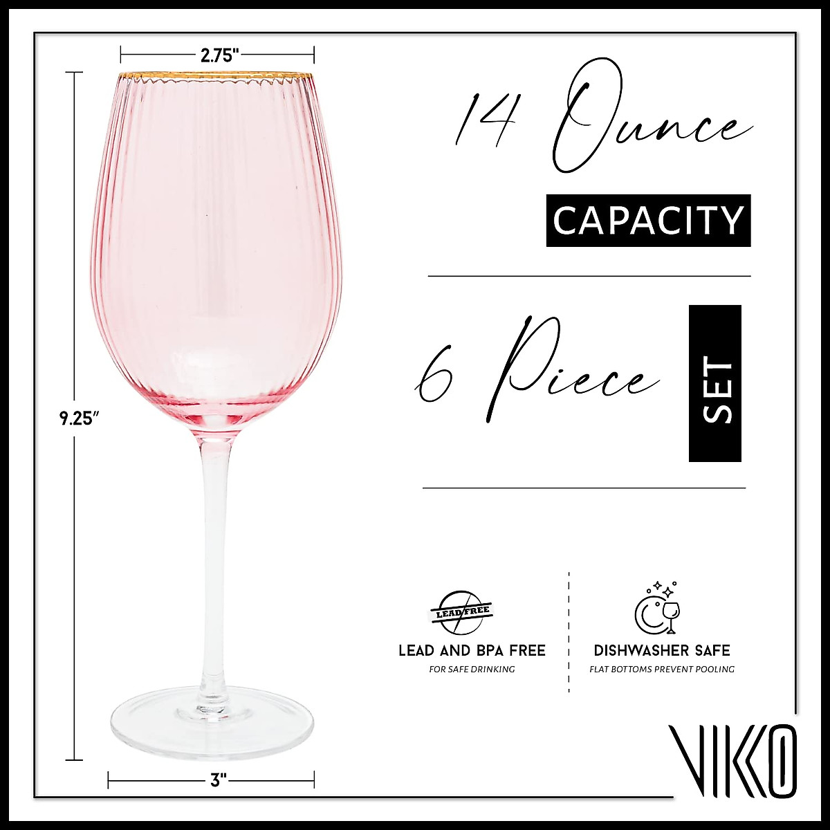 Vikko Décor Wine Glasses, Set of 6 Peach Blown Glass with Gold Rim, 14 Ounce Fancy Wine Glasses With Stem for Red and White Wine, Dishwasher Safe Goblets, Decorative Wine Glasses