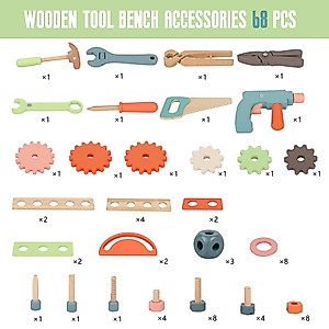 Wooden Power Tool Workbench for Kids, Building Tools Sets Pretend Play Toys - Construction Workbench with Wrench, Screwdriver, Miter Saw and Hammer - Educational Gift for Toddlers Age 3 and Up